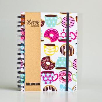 A5 Coffee & Donuts Fabric Wrapped Notebook With Elastic Band (choose From Line / Empty Sheets ...
